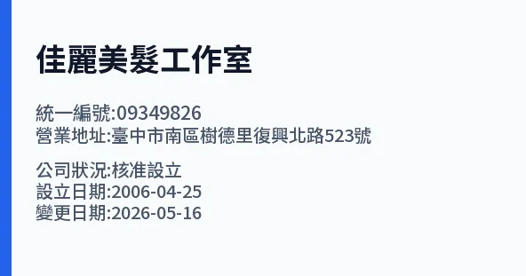 佳麗美髮工作室的照片-統編 09349826(臺中市) 公司登記資料與營業項目詳細圖表