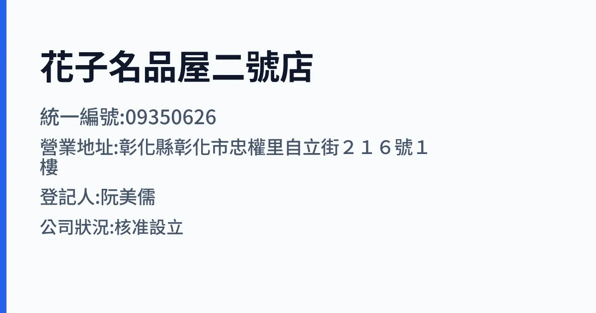 花子名品屋二號店 - 統編 09350626(彰化縣) 公司登記資料與營業項目詳細圖表