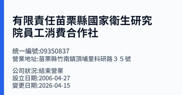 有限責任苗栗縣國家衛生研究院員工消費合作社的照片-統編 09350837(苗栗縣) 公司登記資料與營業項目詳細圖表