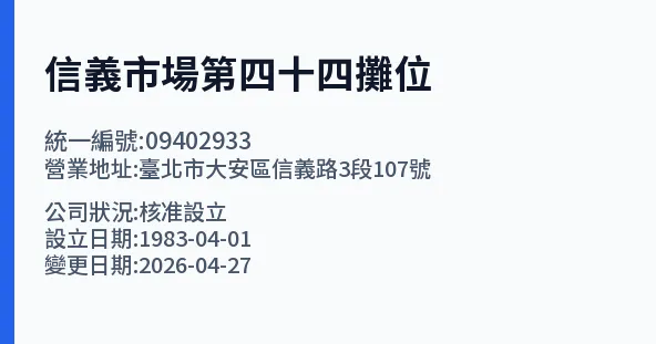 信義市場第四十四攤位的照片-統編 09402933(臺北市) 公司登記資料與營業項目詳細圖表