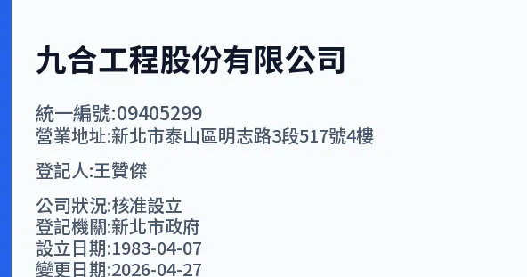 九合工程股份有限公司的照片-統編 09405299(新北市) 公司登記資料與營業項目詳細圖表