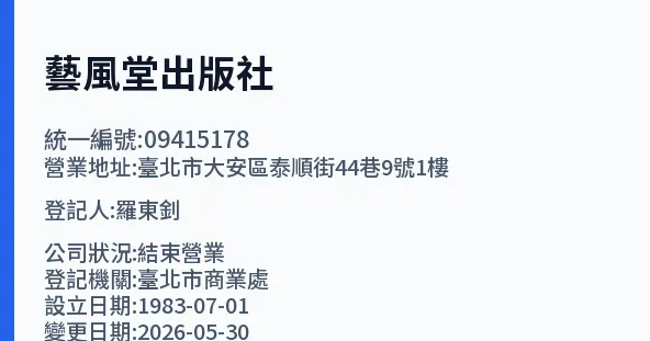 藝風堂出版社的照片-統編 09415178(臺北市) 公司登記資料與營業項目詳細圖表