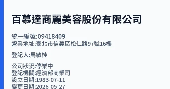 百慕達商麗美容股份有限公司的照片-統編 09418409(臺北市) 公司登記資料與營業項目詳細圖表