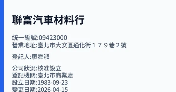 聯富汽車材料行的照片-統編 09423000(臺北市) 公司登記資料與營業項目詳細圖表