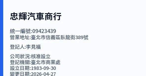 忠輝汽車商行的照片-統編 09423439(臺北市) 公司登記資料與營業項目詳細圖表