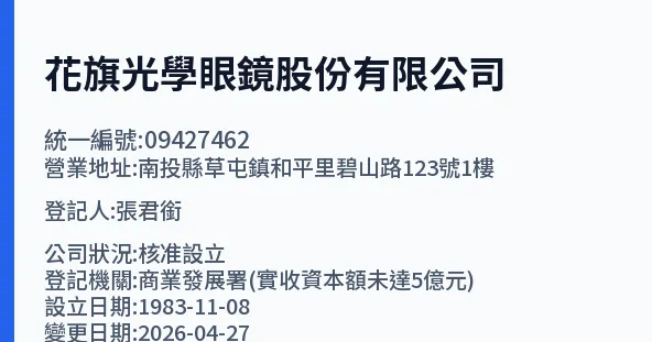 花旗光學眼鏡股份有限公司的照片-統編 09427462(南投縣) 公司登記資料與營業項目詳細圖表