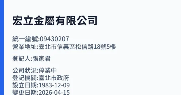 宏立金屬有限公司的照片-統編 09430207(臺北市) 公司登記資料與營業項目詳細圖表