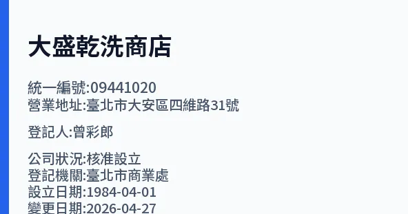 大盛乾洗商店的照片-統編 09441020(臺北市) 公司登記資料與營業項目詳細圖表