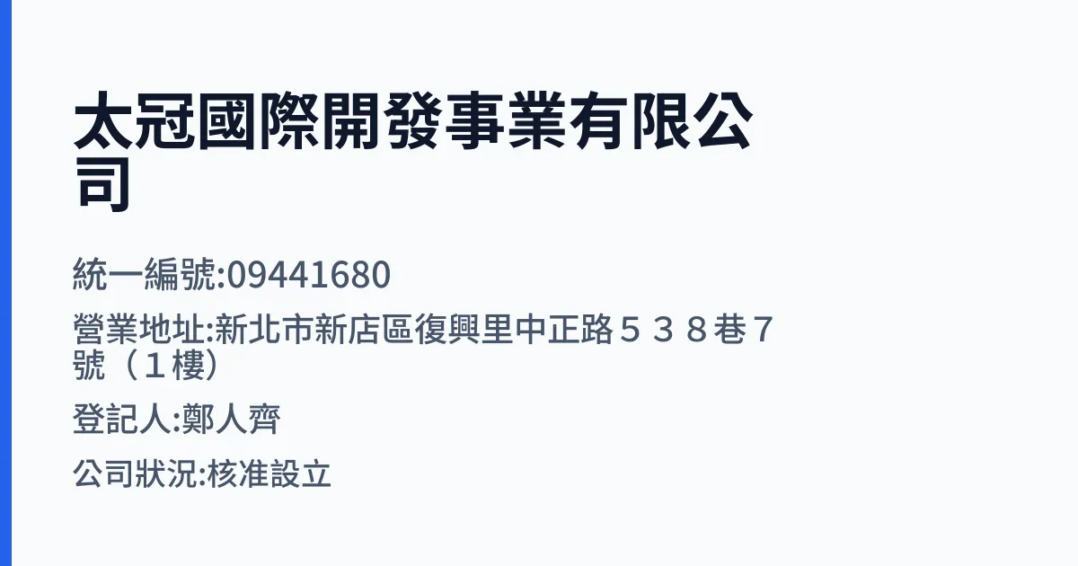 太冠國際開發事業有限公司 - 統編 09441680(新北市) 公司登記資料與營業項目詳細圖表
