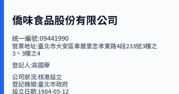 僑味食品股份有限公司的照片-統編 09441990(臺北市) 公司登記資料與營業項目詳細圖表