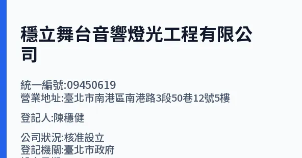 穩立舞台音響燈光工程有限公司的照片-統編 09450619(臺北市) 公司登記資料與營業項目詳細圖表