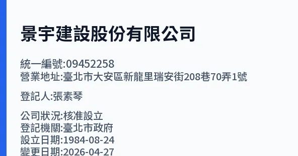 景宇建設股份有限公司的照片-統編 09452258(臺北市) 公司登記資料與營業項目詳細圖表