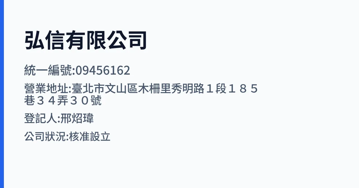 弘信有限公司 - 統編 09456162(臺北市) 公司登記資料與營業項目詳細圖表