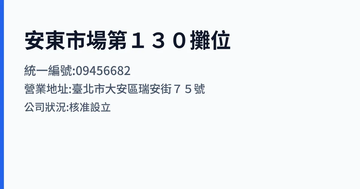 安東市場第130攤位 - 統編 09456682(臺北市) 公司登記資料與營業項目詳細圖表