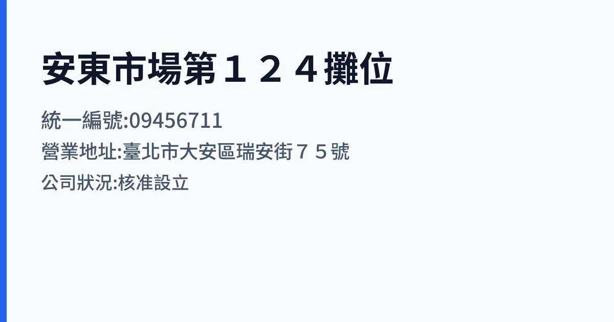 安東市場第124攤位 - 統編 09456711(臺北市) 公司登記資料與營業項目詳細圖表