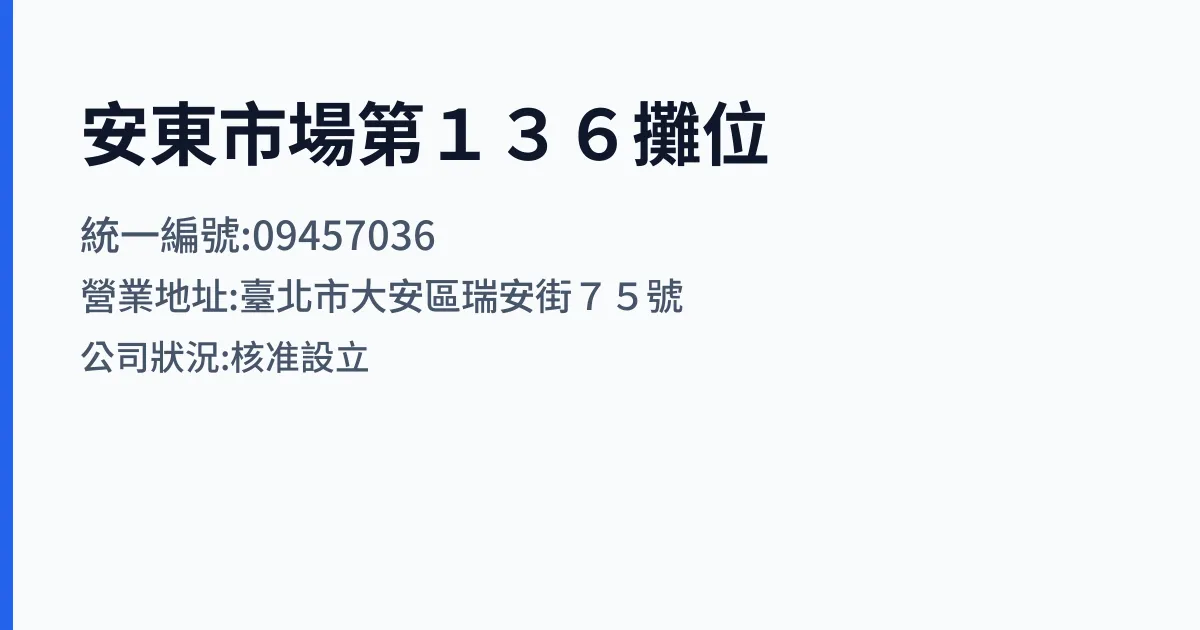 安東市場第１３６攤位 - 統編 09457036(臺北市) 公司登記資料與營業項目詳細圖表
