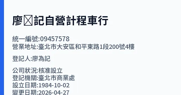 廖爲記自營計程車行的照片-統編 09457578(臺北市) 公司登記資料與營業項目詳細圖表