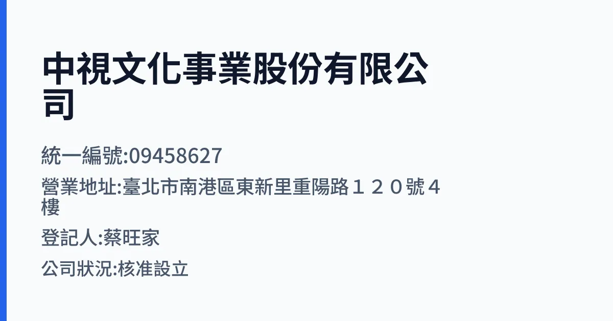 中視文化事業股份有限公司 - 統編 09458627(臺北市) 公司登記資料與營業項目詳細圖表