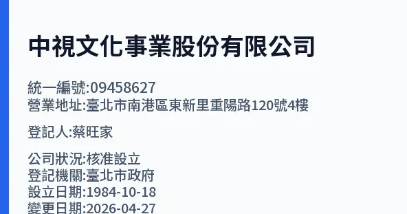 中視文化事業股份有限公司的照片-統編 09458627(臺北市) 公司登記資料與營業項目詳細圖表