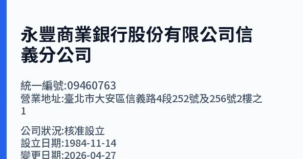 永豐商業銀行股份有限公司信義分公司的照片-統編 09460763(臺北市) 公司登記資料與營業項目詳細圖表