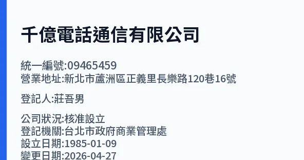 千億電話通信有限公司的照片-統編 09465459(新北市) 公司登記資料與營業項目詳細圖表