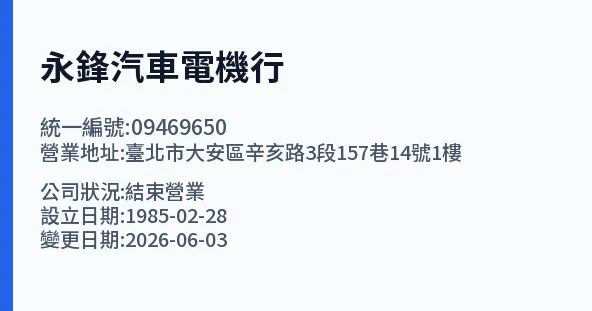 永鋒汽車電機行的照片-統編 09469650(臺北市) 公司登記資料與營業項目詳細圖表