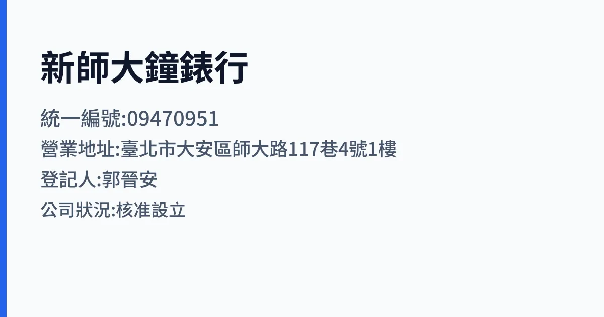 新師大鐘錶行 - 統編 09470951(臺北市) 公司登記資料與營業項目詳細圖表
