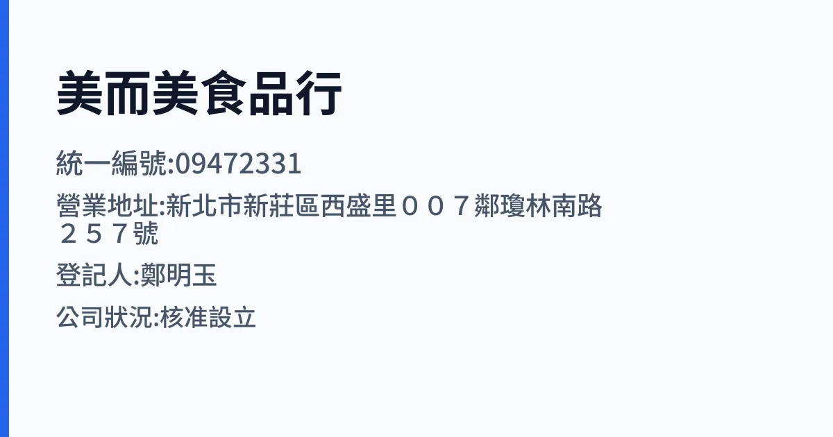 美而美食品行 - 統編 09472331(新北市) 公司登記資料與營業項目詳細圖表