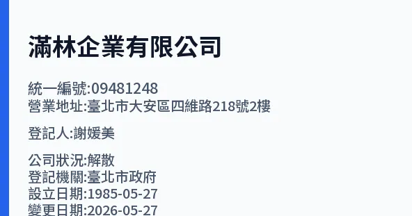 滿林企業有限公司的照片-統編 09481248(臺北市) 公司登記資料與營業項目詳細圖表