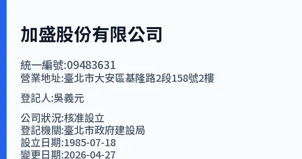 加盛股份有限公司的照片-統編 09483631(臺北市) 公司登記資料與營業項目詳細圖表
