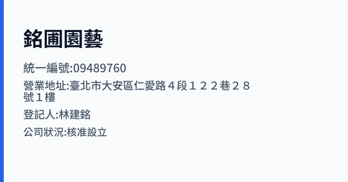 銘圃園藝 - 統編 09489760(臺北市) 公司登記資料與營業項目詳細圖表