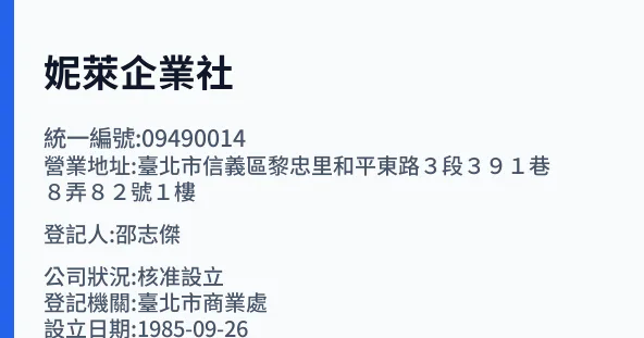 妮萊企業社的照片-統編 09490014(臺北市) 公司登記資料與營業項目詳細圖表