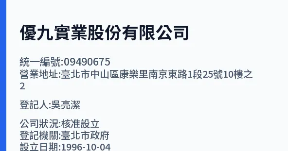 優九實業股份有限公司的照片-統編 09490675(臺北市) 公司登記資料與營業項目詳細圖表