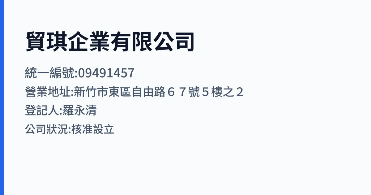 貿琪企業有限公司 - 統編 09491457(新竹市) 公司登記資料與營業項目詳細圖表