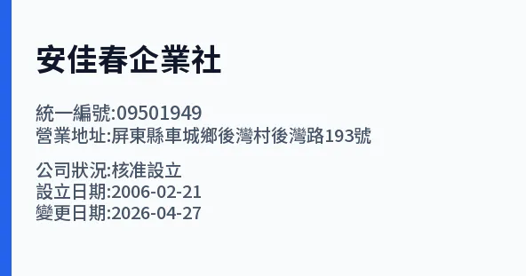 安佳春企業社的照片-統編 09501949(屏東縣) 公司登記資料與營業項目詳細圖表