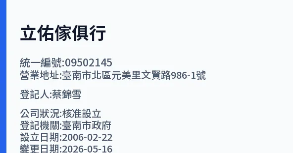 立佑傢俱行的照片-統編 09502145(臺南市) 公司登記資料與營業項目詳細圖表