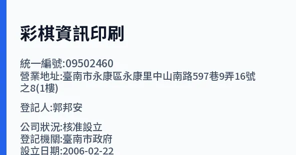 彩棋資訊印刷的照片-統編 09502460(臺南市) 公司登記資料與營業項目詳細圖表