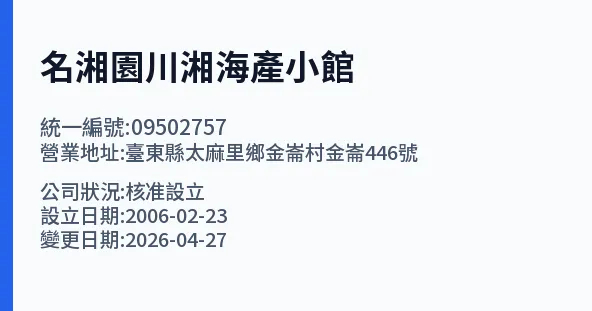 名湘園川湘海產小館的照片-統編 09502757(臺東縣) 公司登記資料與營業項目詳細圖表