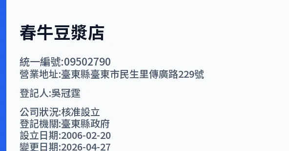春牛豆漿店的照片-統編 09502790(臺東縣) 公司登記資料與營業項目詳細圖表