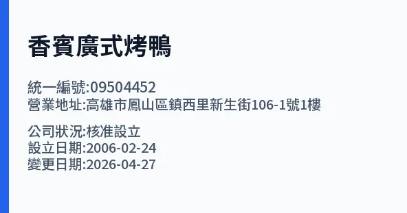 香賓廣式烤鴨的照片-統編 09504452(高雄市) 公司登記資料與營業項目詳細圖表