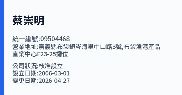 蔡崇明的照片-統編 09504468(嘉義縣) 公司登記資料與營業項目詳細圖表