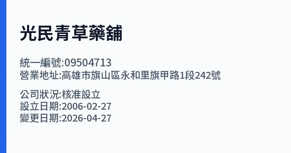 光民青草藥舖的照片-統編 09504713(高雄市) 公司登記資料與營業項目詳細圖表