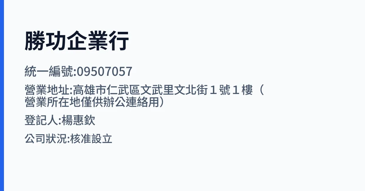勝功企業行 - 統編 09507057（高雄市） 公司登記資料與營業項目詳細圖表