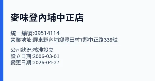 麥味登內埔中正店的照片-統編 09514114(屏東縣) 公司登記資料與營業項目詳細圖表