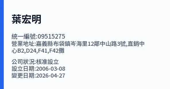 葉宏明的照片-統編 09515275(嘉義縣) 公司登記資料與營業項目詳細圖表