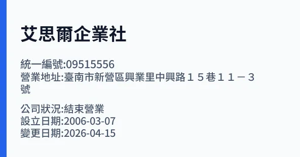 艾思爾企業社的照片-統編 09515556(臺南市) 公司登記資料與營業項目詳細圖表