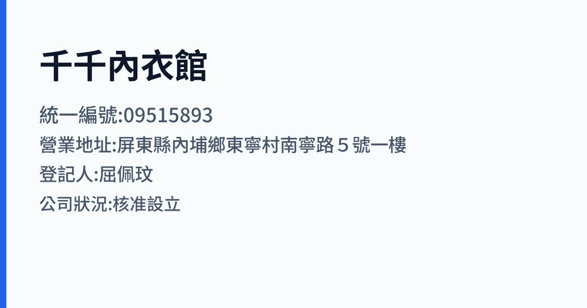 千千內衣館 - 統編 09515893(屏東縣) 公司登記資料與營業項目詳細圖表