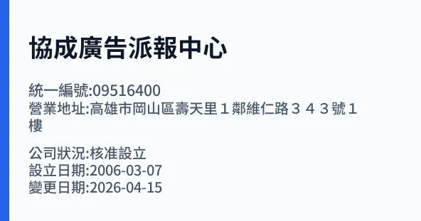 協成廣告派報中心的照片-統編 09516400(高雄市) 公司登記資料與營業項目詳細圖表