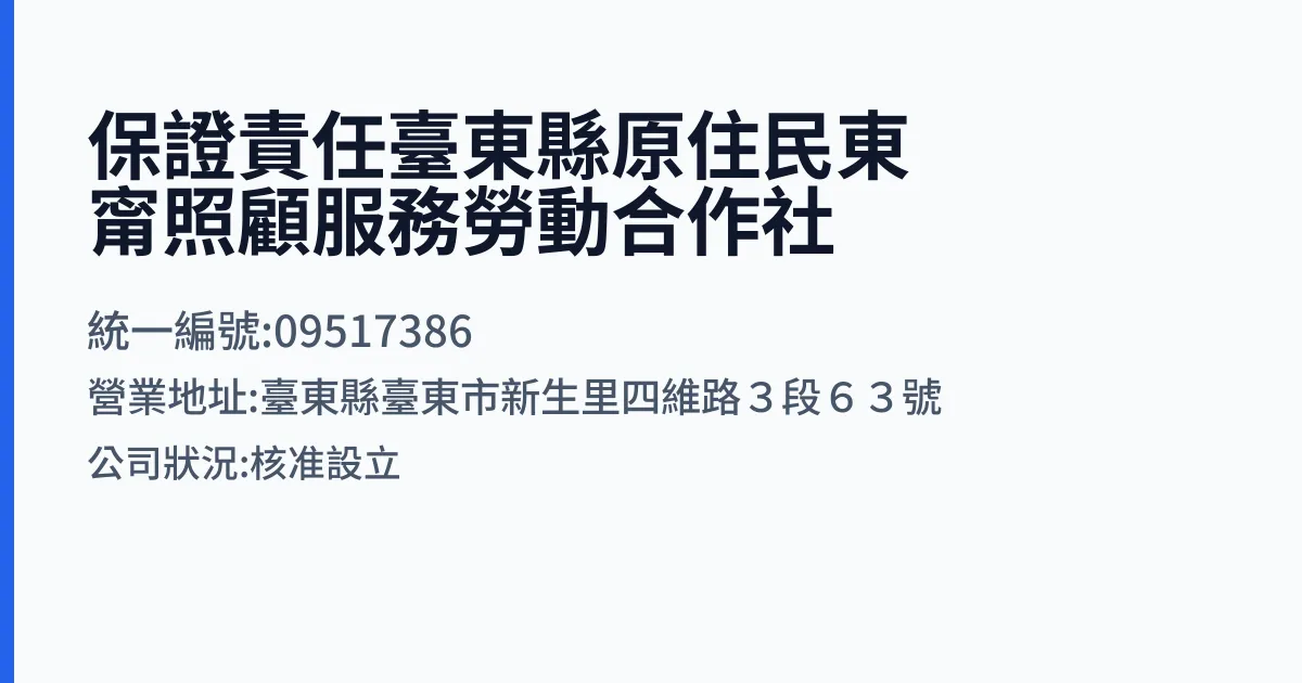 保證責任臺東縣原住民東甯照顧服務勞動合作社 - 統編 09517386（臺東縣） 公司登記資料與營業項目詳細圖表
