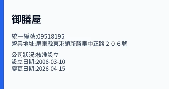 御膳屋的照片-統編 09518195(屏東縣) 公司登記資料與營業項目詳細圖表